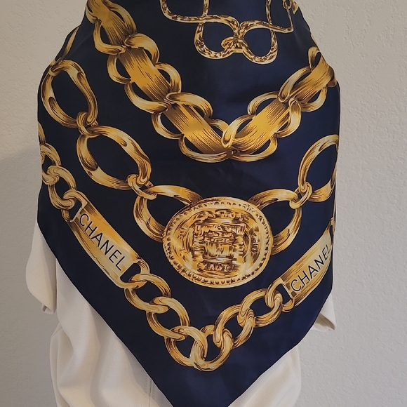 CHANEL | Accessories | Chanel Blue And Gold Silk Scarf With Chain ...